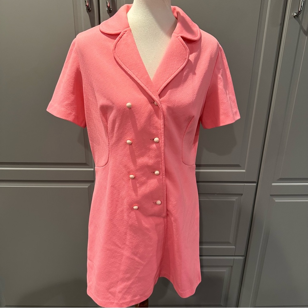 1960s Vintage Pink Crimplene Buttoned Mini Dress - Gem